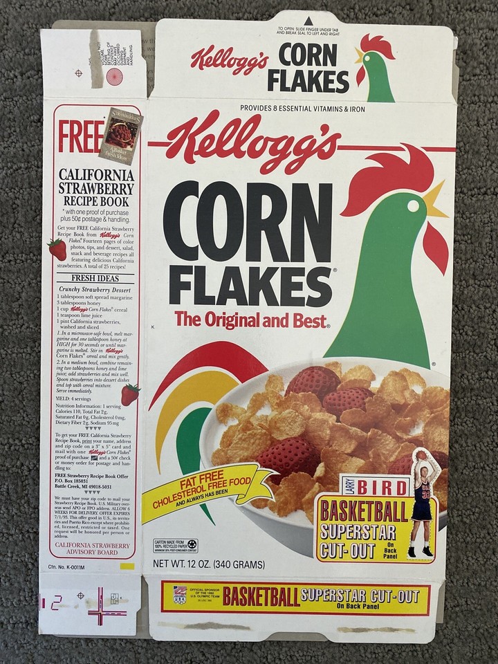 1993 Vintage (Kellogg's) "CORN FLAKES" Cereal Box, (Larry Bird Cut-Out ...