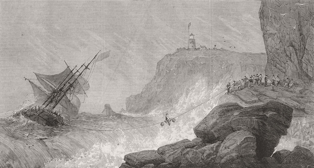 SHIPS. Planned method of rescuing shipwrecked crew 1860 old antique ...