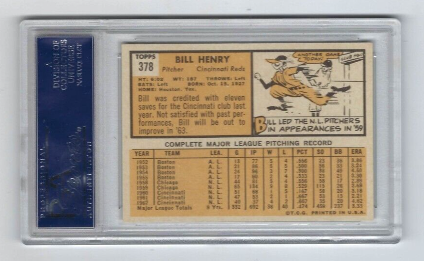 1963 Topps baseball card #378 Bill Henry Cincinnati Reds graded PSA 7 ...