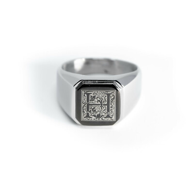 Stainless Steel Floral Monogram Letter H Mens Square Biker Flat Top ...
