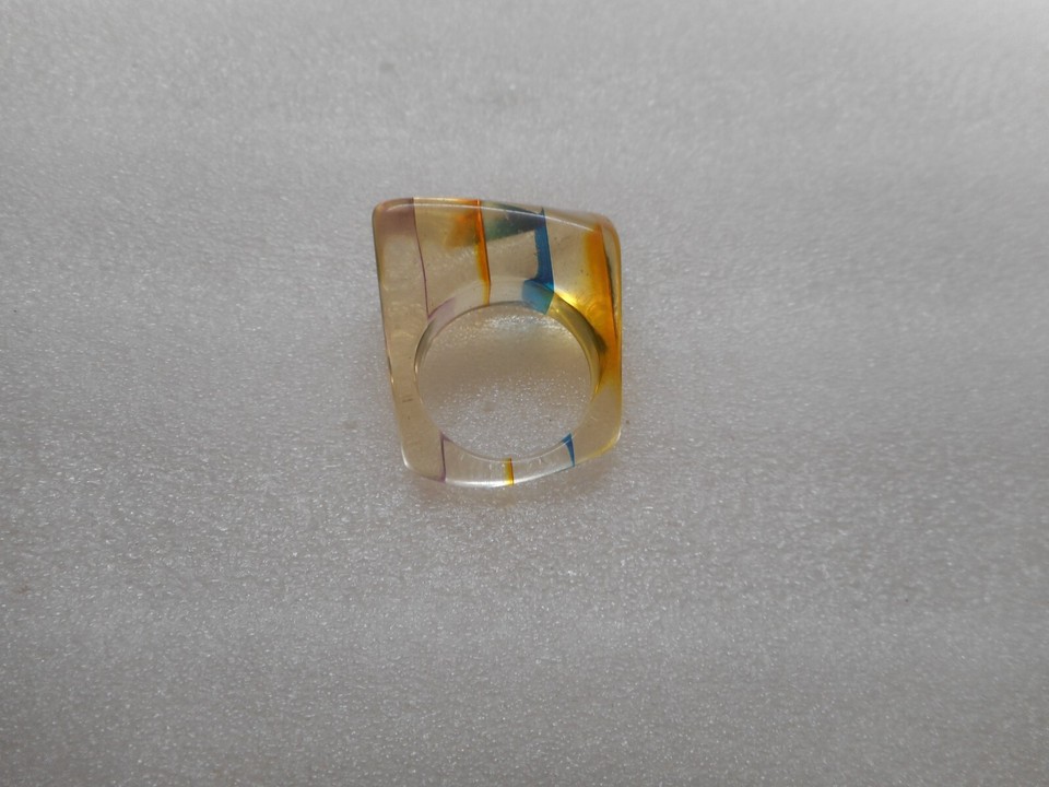 Lucite Dome Ring Blue Yellow & Pink Stripes Transparent Size 6.75 ...