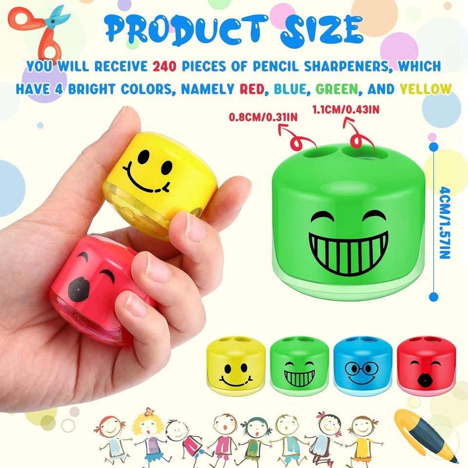 240 Pcs Pencil Sharpeners for Kids Cartoon Smile Small Pencil Sharpener ...