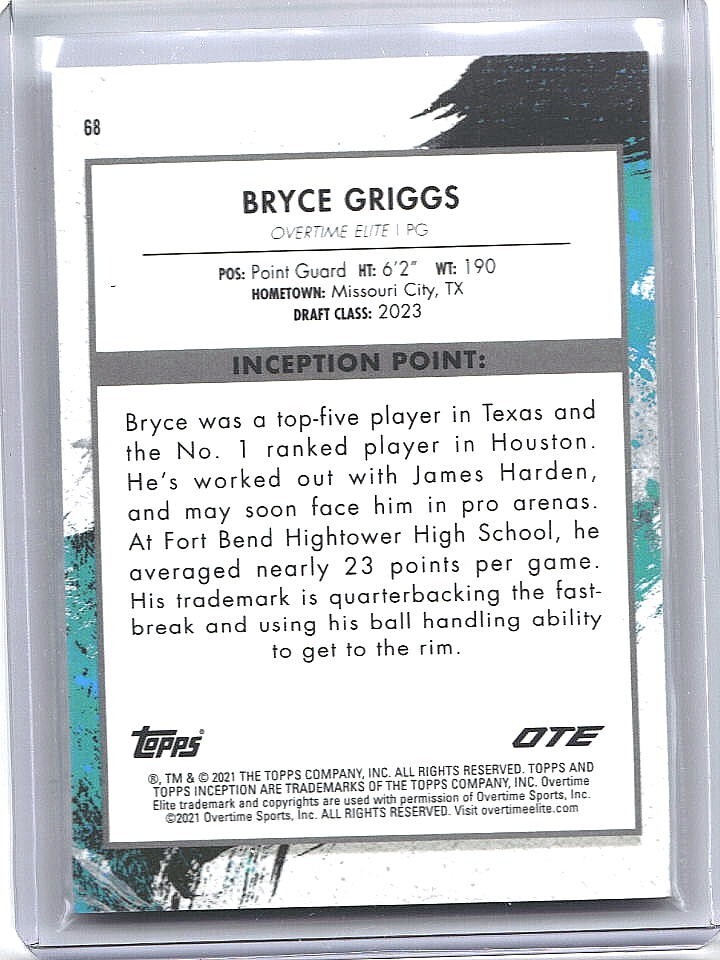 2021-22 TOPPS INCEPTION OTE Aqua #68 BRYCE GRIGGS RC ROOKIE FAST SHIP ...