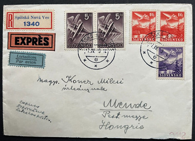 Slovakia 1943 Air Mail Reg. Express Censored Cover to Hungary, Sc. C1 ...