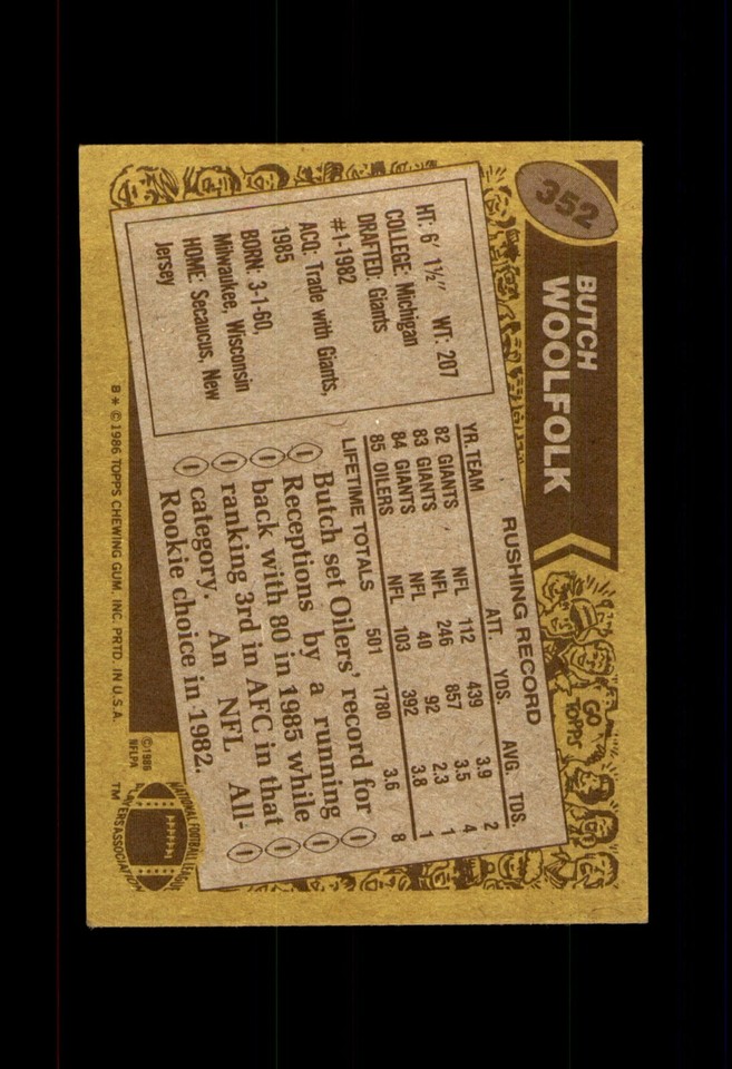 1986 TOPPS FOOTBALL CARD HOUSTON OILERS #352 BUTCH WOOLFOLK | eBay