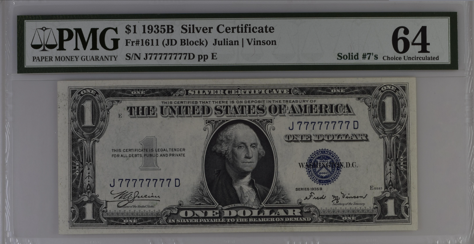 Solid Serial Number All 7's $1 1935B Silver Certificate Note PMG 64 | eBay