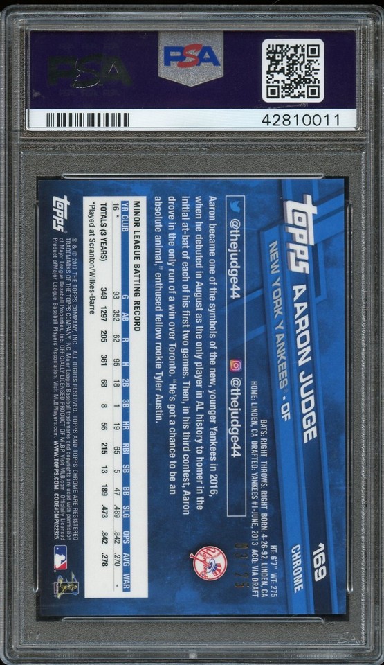 2017 Topps Chrome Orange Refractor #169 Aaron Judge RC Rookie PSA 10 ...