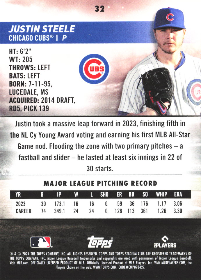 Justin Steele Baseball Card 2024 Topps Stadium Club Chicago Cubs | eBay