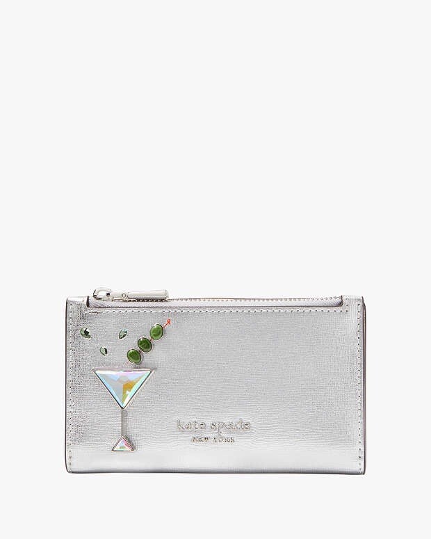 Kate Spade Shaken Not Stirred Embellished Martini Metallic Slim Bifold ...