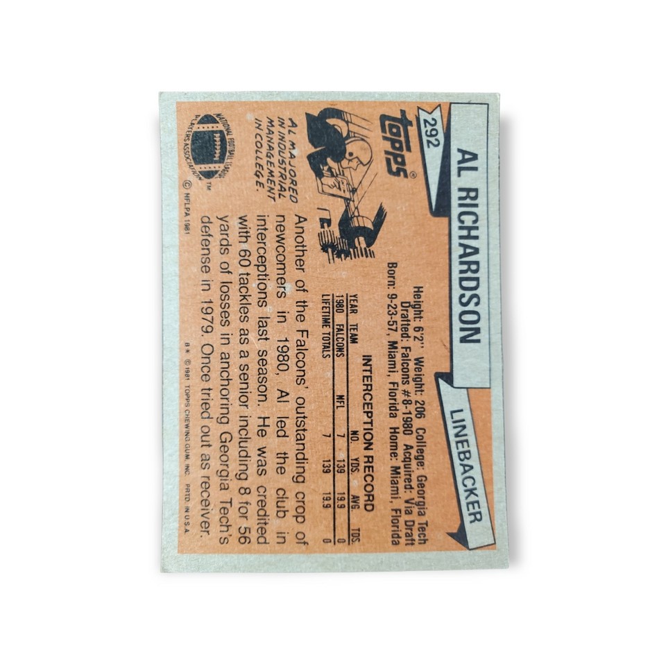 1981 Topps Football Al Richardson Rookie Card #292 Atlanta Falcons ...