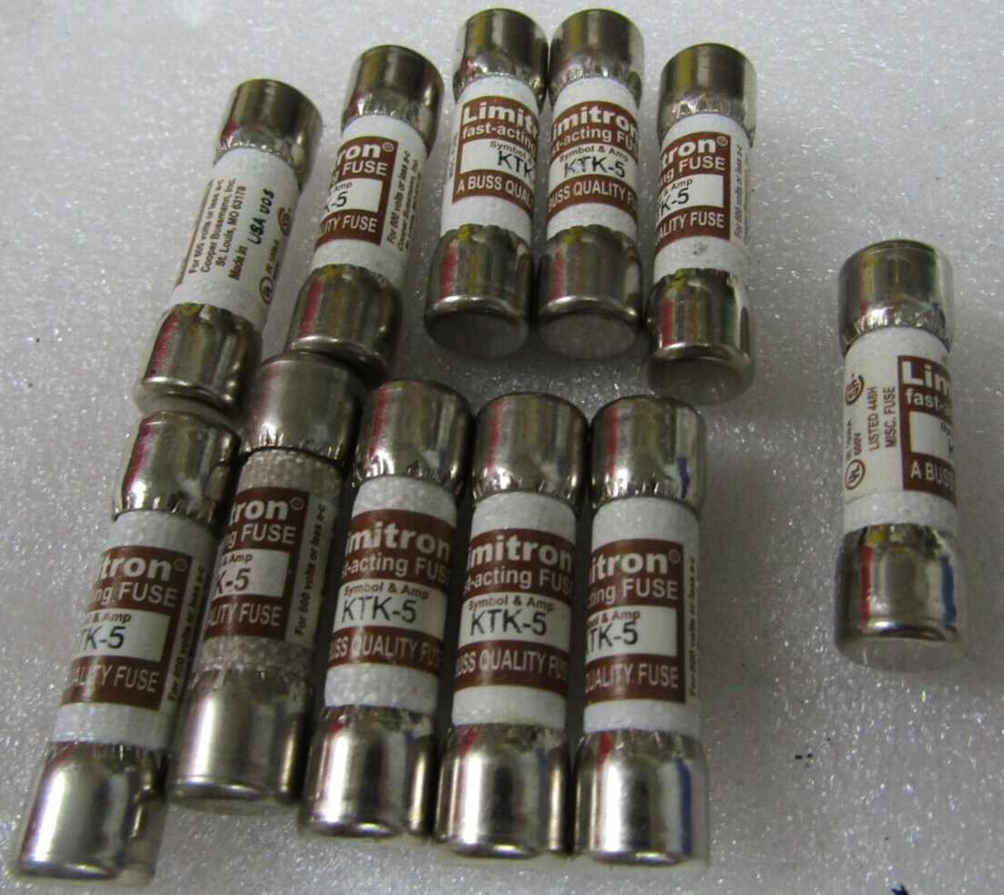 11) NEW BUSSMANN LIMITRON 5 AMP FAST ACTING FUSE 600 VAC KTK-5 LOT OF ...