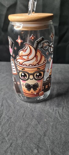 Coffee Cartoon Clear Glass Tumbler 16oz With Bamboo Lid & Straw Hand ...