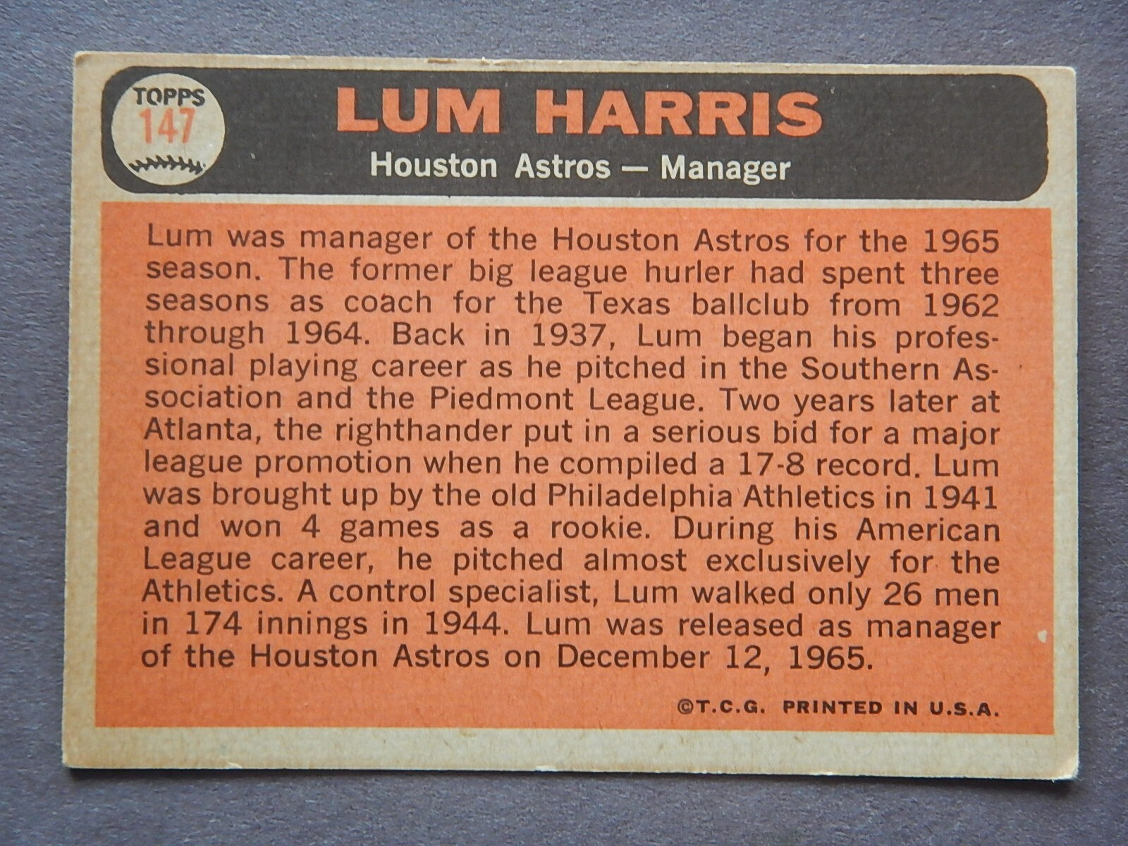 Lum Harris #147 Topps 1966 Baseball Card (Houston Astros) *VG | eBay