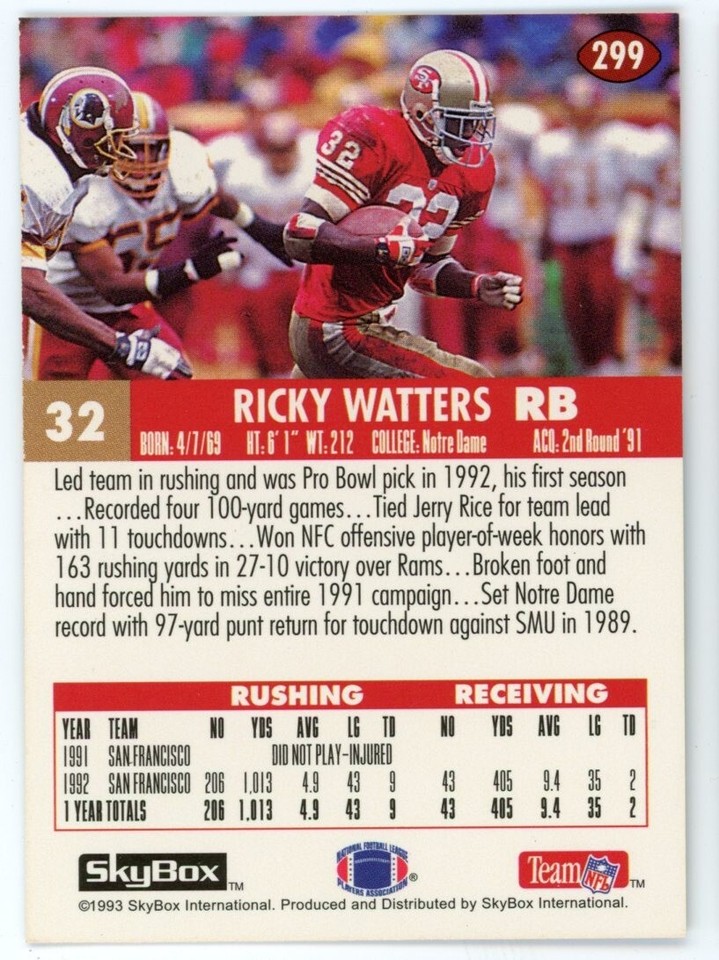 1993 SkyBox Impact Football Card #299 Ricky Watters | eBay