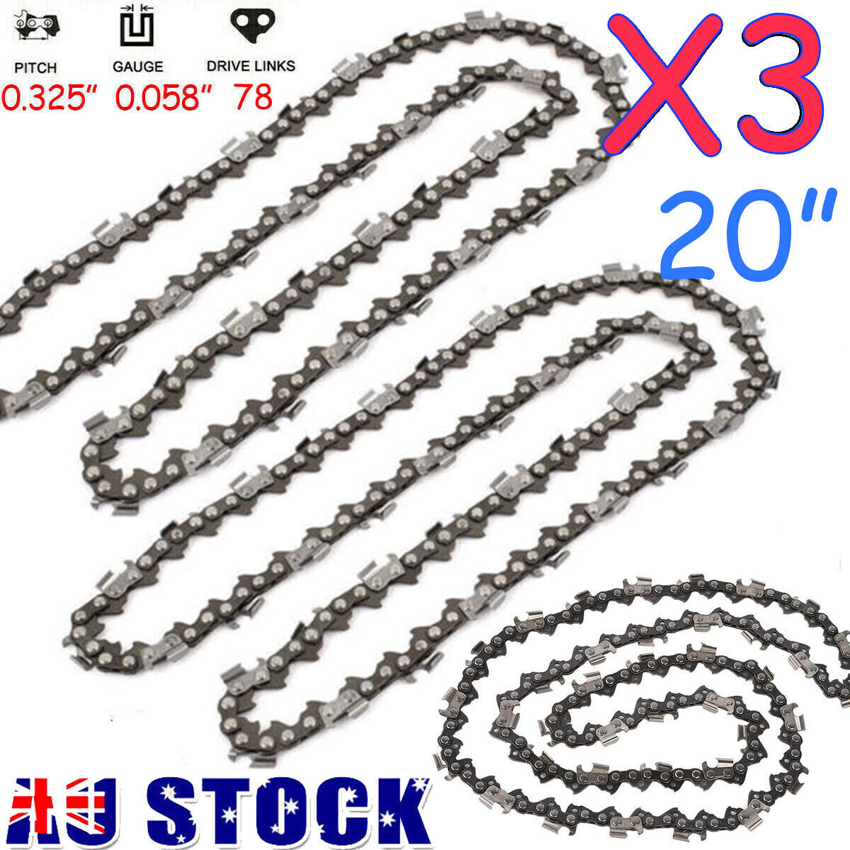 3PCS Chainsaw Chain Blade Saw Chains Semi Chisel 10" 12" 14" 16" 18" 20 ...