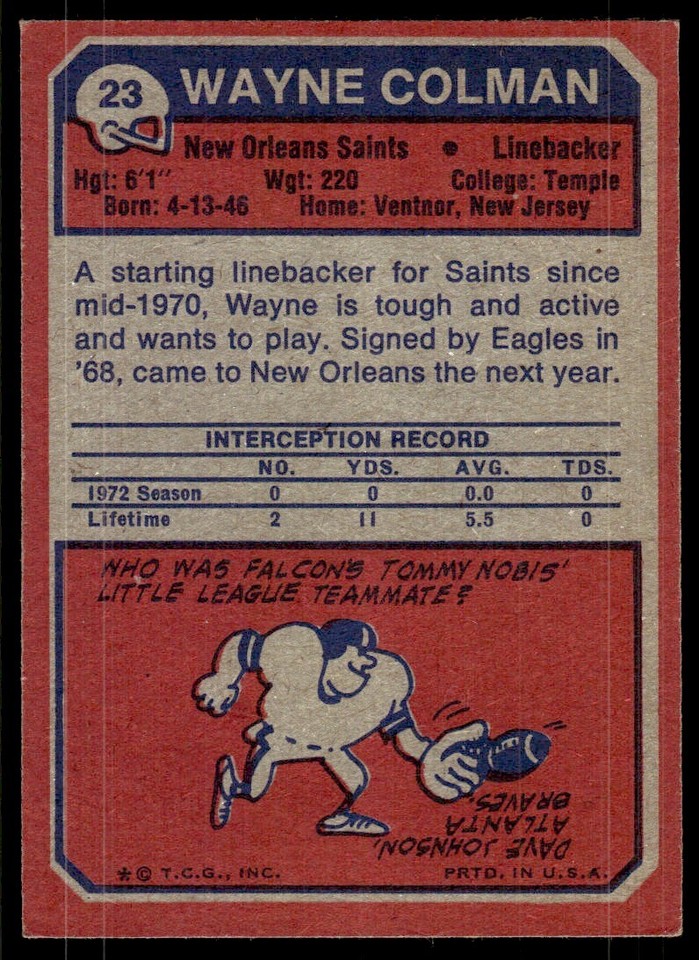 1973 TOPPS WAYNE COLMAN RC NEW ORLEANS SAINTS #23 | eBay