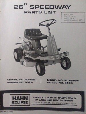 Hahn-Eclipse 26" Speedway Riding Mower Tractor Parts Manual PD-526 -Y ...