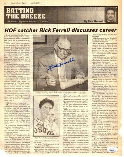 Rick Ferrell Autographed Newspaper Article Collectors Digest 1993 JSA ...