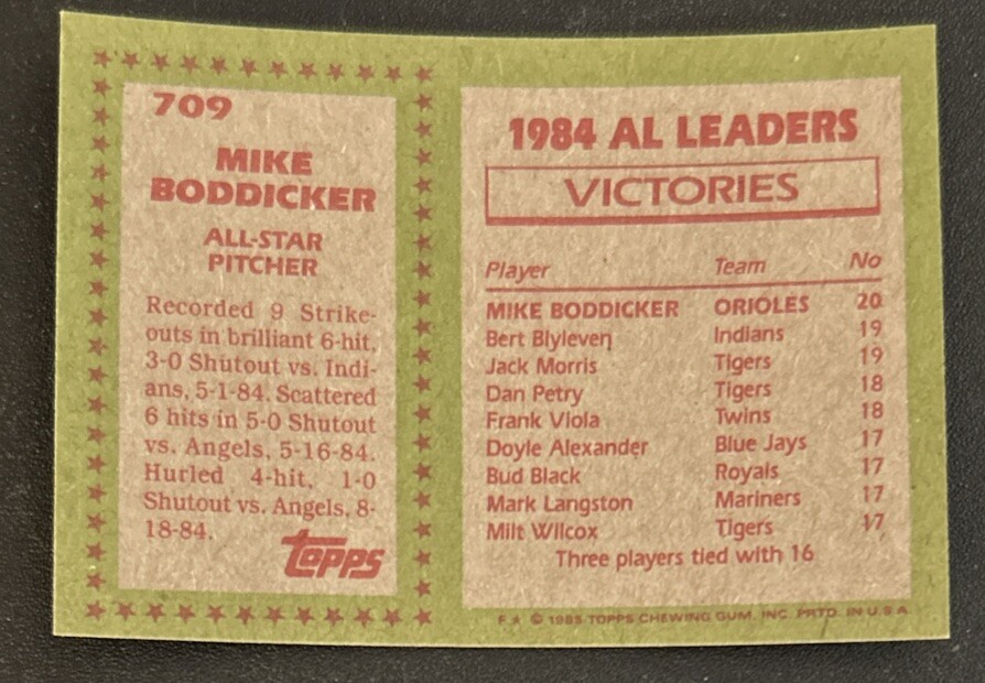 1985 Topps Mike Boddicker AL All-Star Baseball Card #709 Orioles ...