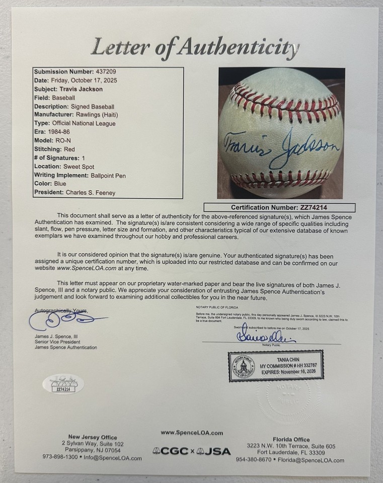 Travis Jackson Signed National League Rawlings Baseball JSA ZZ74214 ...