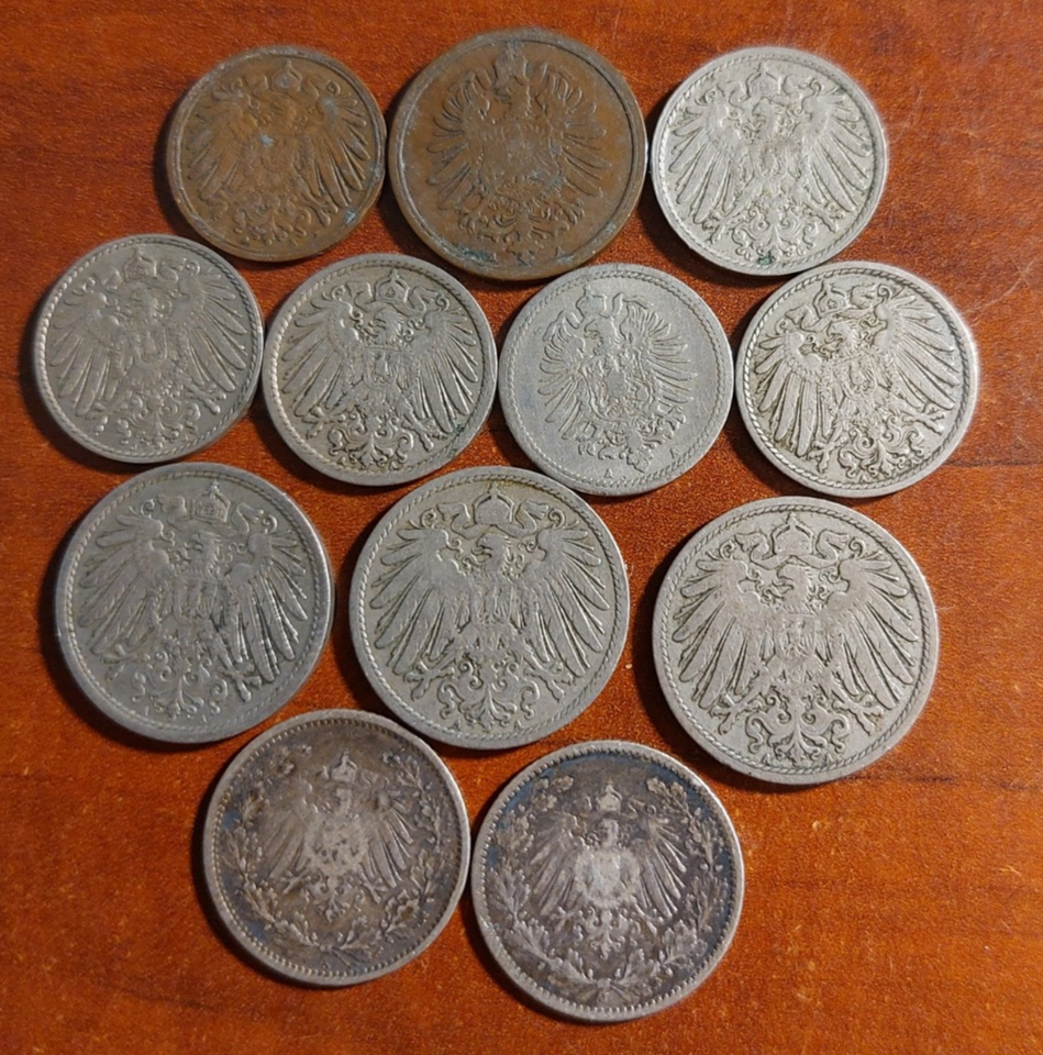 1, 2, 5, 10 and 50 Pfennig - German Imperial Coinage 1874-1911, 12 ...