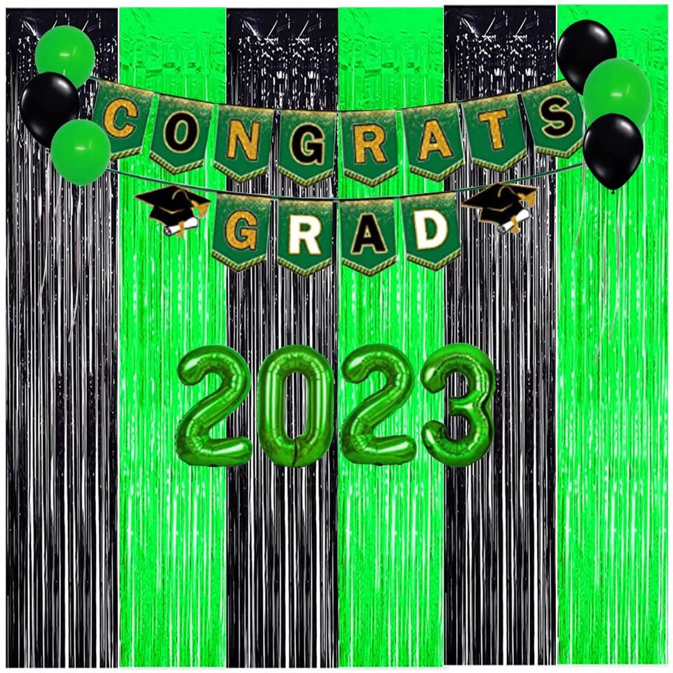 3 Pack Green, Black Foil Fringe Curtains, Backdrop, Graduation 2025 ...