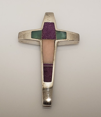 Navajo Signed Tracey Knifewing Sterling Silver Inlay Old World Cross ...