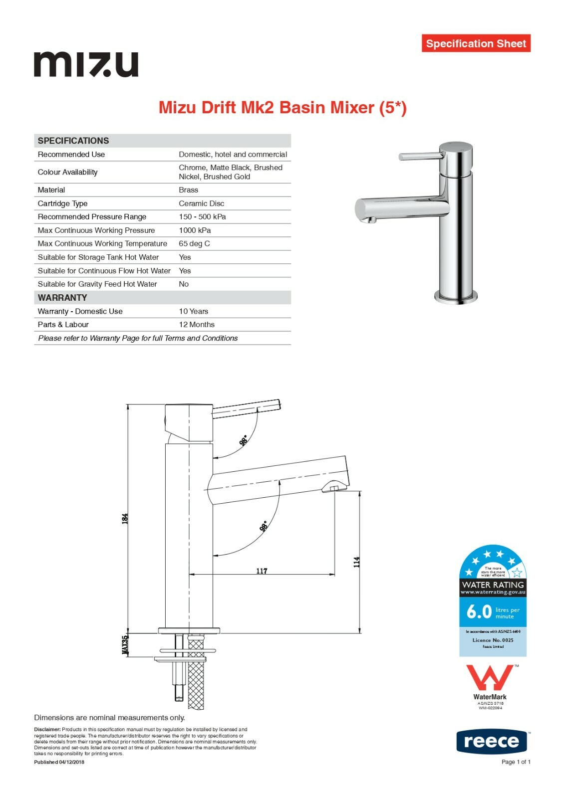 Mizu DRIFT MK2 BASIN MIXER 117mm Reach Fixed Outlet, 25mm Cartridge ...