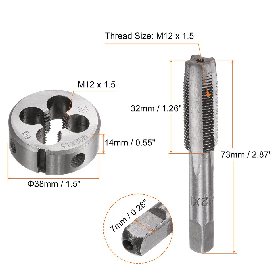 3pcs M12 x 1.5 Taper/Bottom Thread Taps + Round Die Metric Hand Tap ...