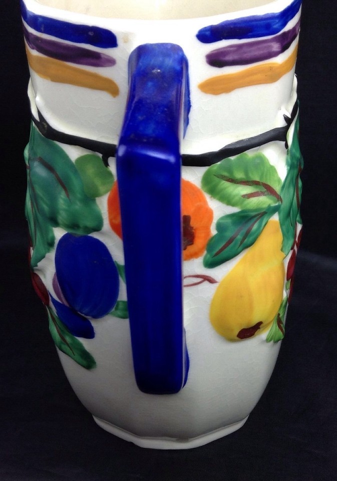 Czechoslovakia Bern .75 lt Pottery Creamer Pitcher Vtg White Blue Fruit ...