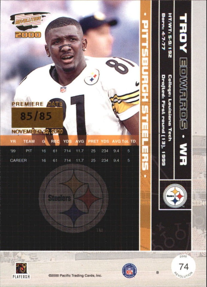 2000 Revolution Premiere Date Steelers Football Card #74 Troy Edwards ...