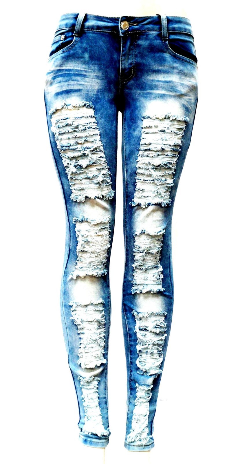 Womens Juniors BLUE Denim Destroy Skinny JEANS Distressed Pants | eBay