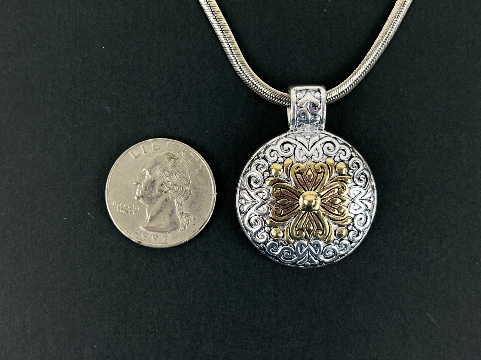 RMN Roman Silver & Gold Tone Ornate Round Disc Pendant 18" Serpentine ...
