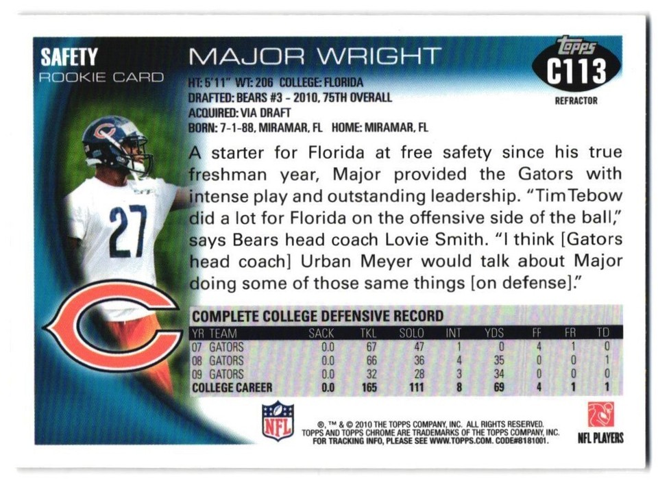 2010 Topps Chrome X-Fractor #C113 Major Wright Chicago Bears - NM | eBay