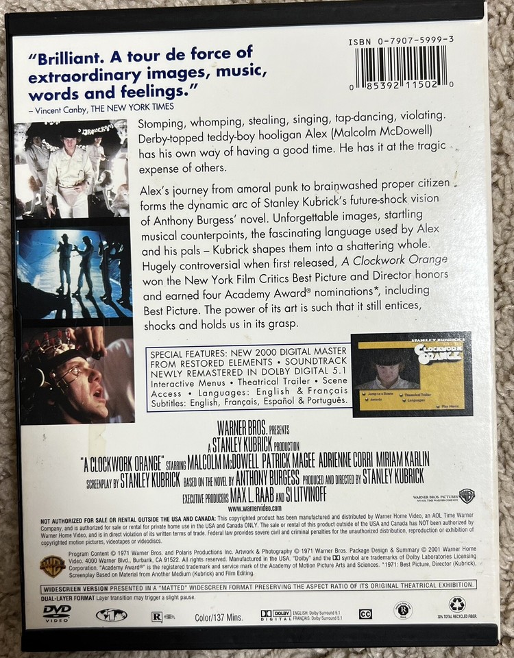 Clockwork Orange (DVD, 1971) Directed by Stanley Kubrick - Anthony ...