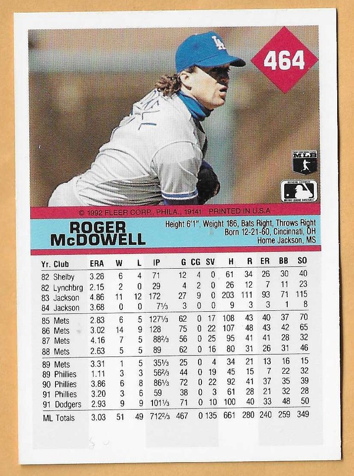 ROGER McDOWELL LOS ANGELES DODGERS #464 no dot usa - FLEER NM-MT 1992 ...