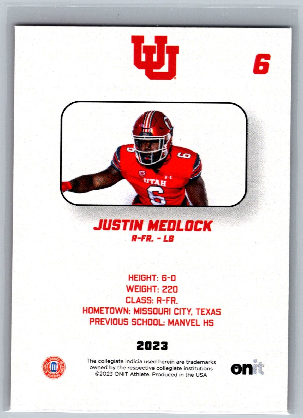 Justin Medlock 2023 ONIT University of Utah Utes #36 Football Card RC ...