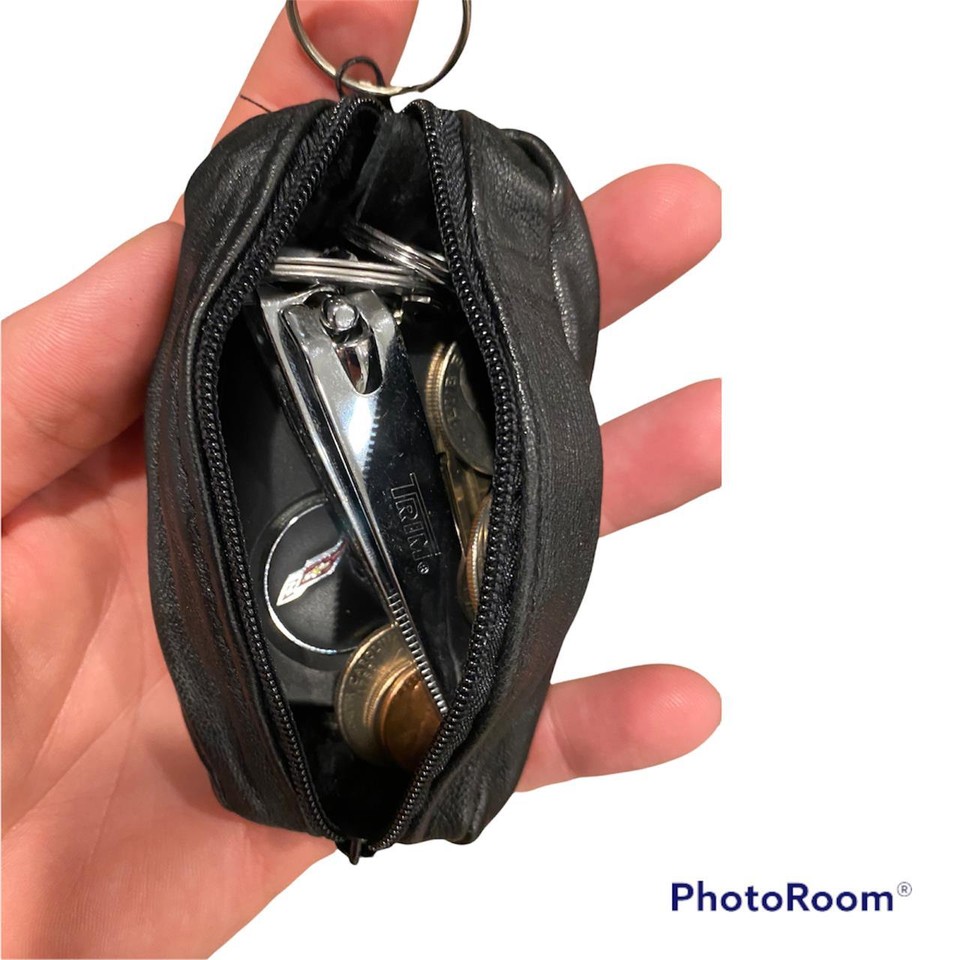 12 Black Faux Leather 2-Pocket Zippered Key Chain Coin Money Bag Purse ...