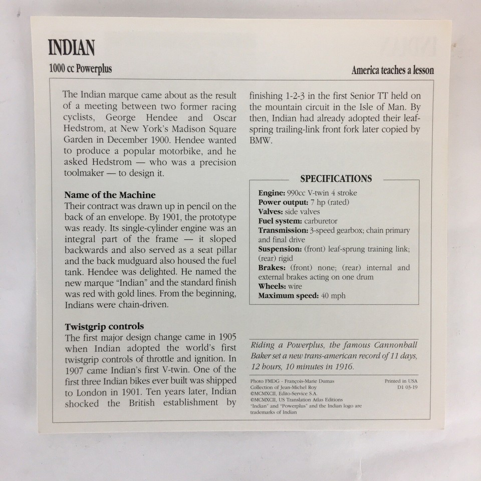 Indian 1000 cc Powerplus Spec Sheet Info Card | eBay