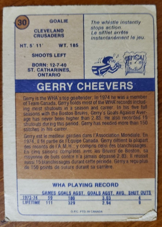 1974-75 OPC WHA Gerry Cheevers #30 - Cleveland Crusaders | eBay