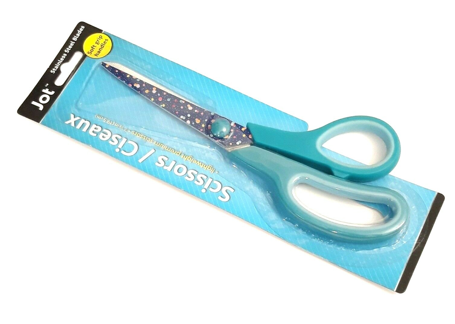 NEW TEAL BLUE SOFT GRIP HANDLES SCISSORS JOT 7-1/2" LONG PRINTED DESIGN ...