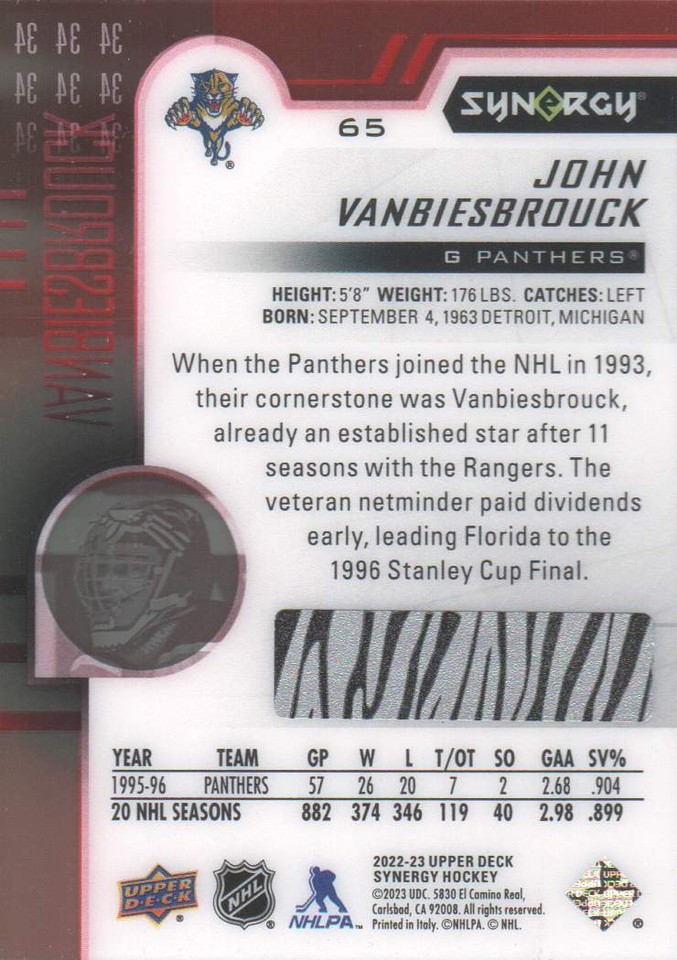 2022-23 Synergy Hockey Red Codes #65 John Vanbiesbrouck UNSCRATCHED | eBay