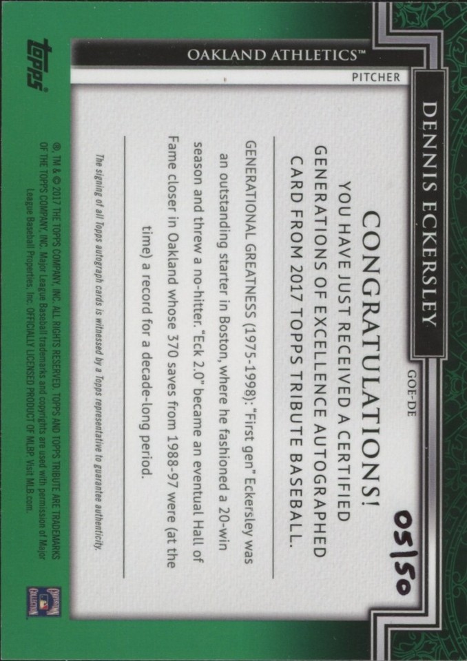 2017 TOPPS TRIBUTE DENNIS ECKERSLEY GOE-DE AUTOGRAPH GEN EXCELLENCE ...