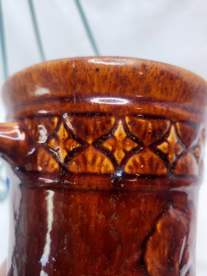 Rockingham Brown Glazed Milk Pitcher Rare Iris Design 8.75" - Primitive ...