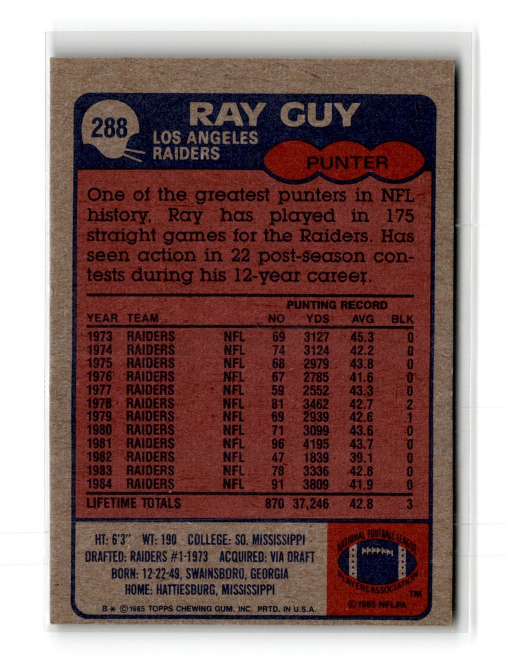 Football Topps 1985 Topps #288 Ray Guy Los Angeles Raiders | eBay