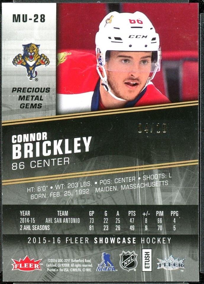 2015-16 Fleer Showcase Precious Metal Gems PMG Green Connor Brickley RC ...