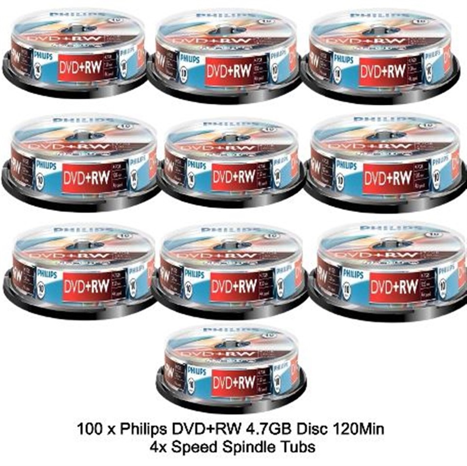 Philips DVD+RW 4.7GB Disc 120Min 4x Speed Spindle Tub Rewritable Blank ...
