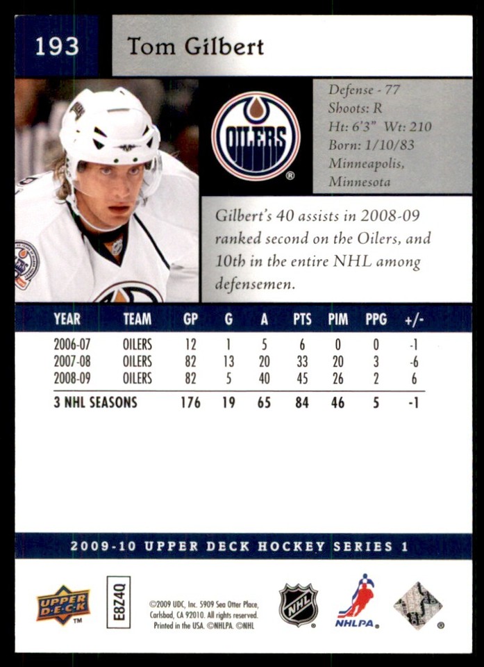 2009-10 Upper Deck Tom Gilbert Edmonton Oilers #193 LP | eBay