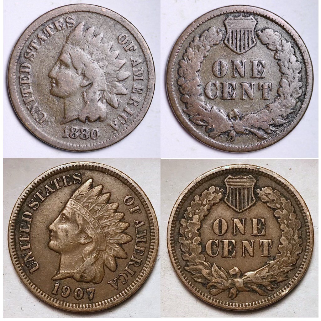 1880 AND 1907 Indian Head Cent Pennies 1907 HAS FULL LIBERTY VF XF (2 ...