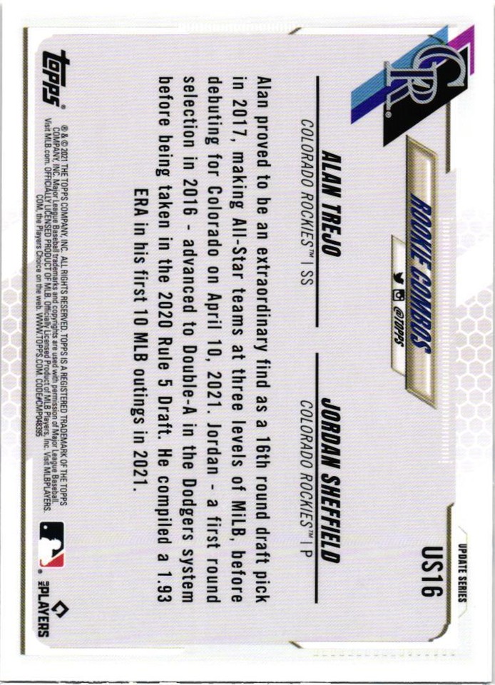 2021 Topps Update US16 Jordan Sheffield / Alan Trejo SN2021 Colorado ...